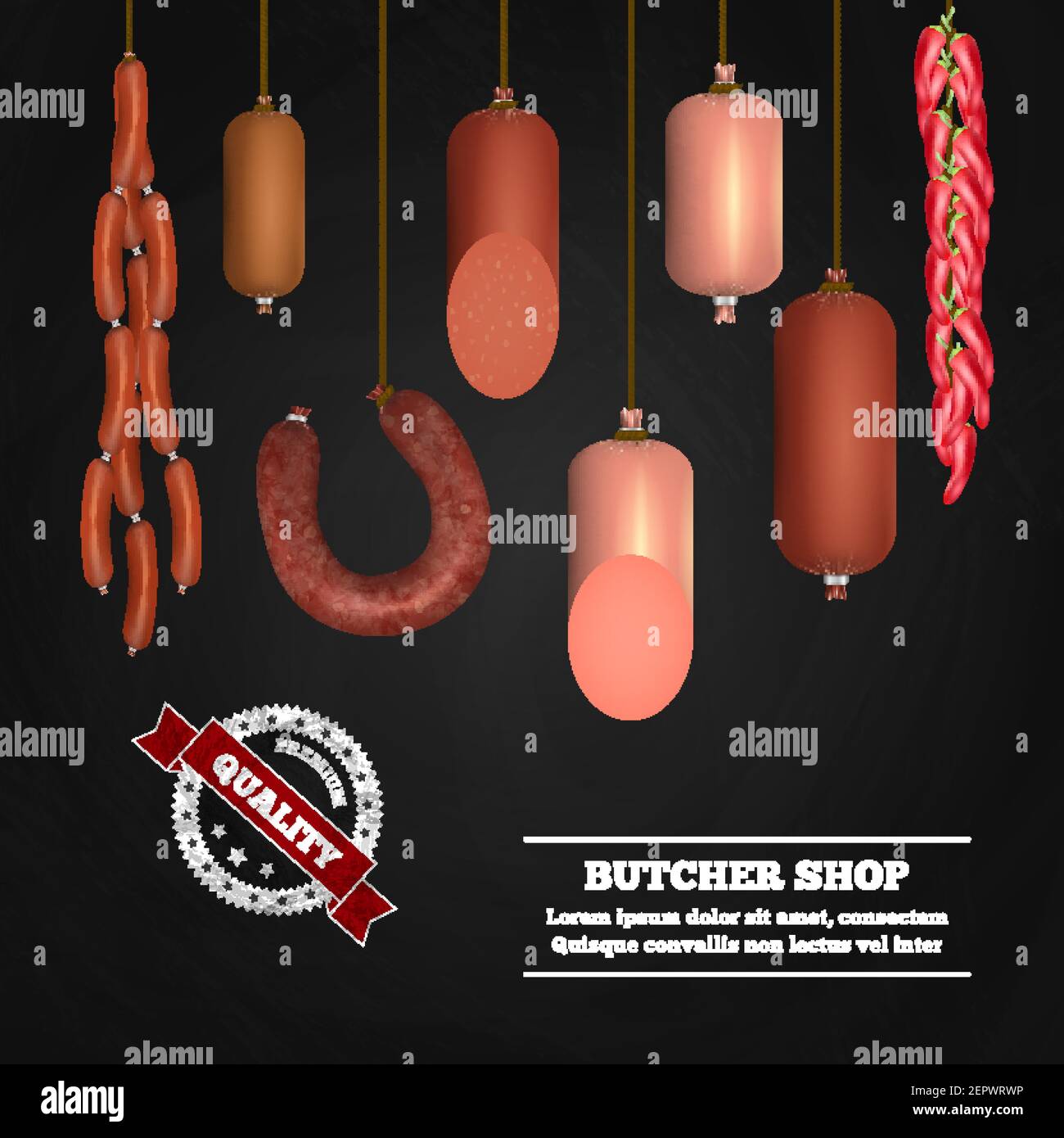 Butcher shop realistic composition with premium quality stamp and set ...