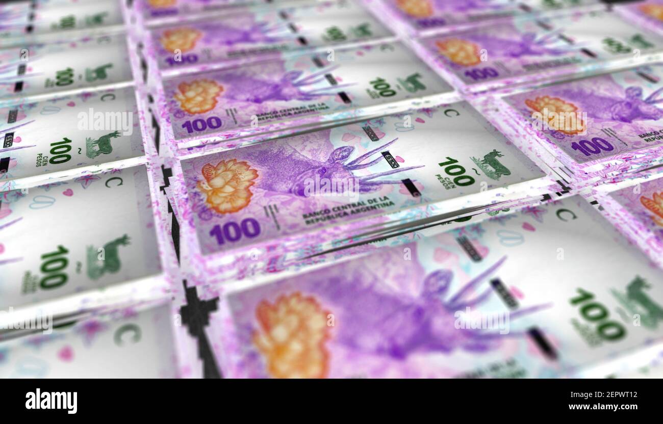 3D illustration of Argentina 100 Pesos bills stacks background Stock ...
