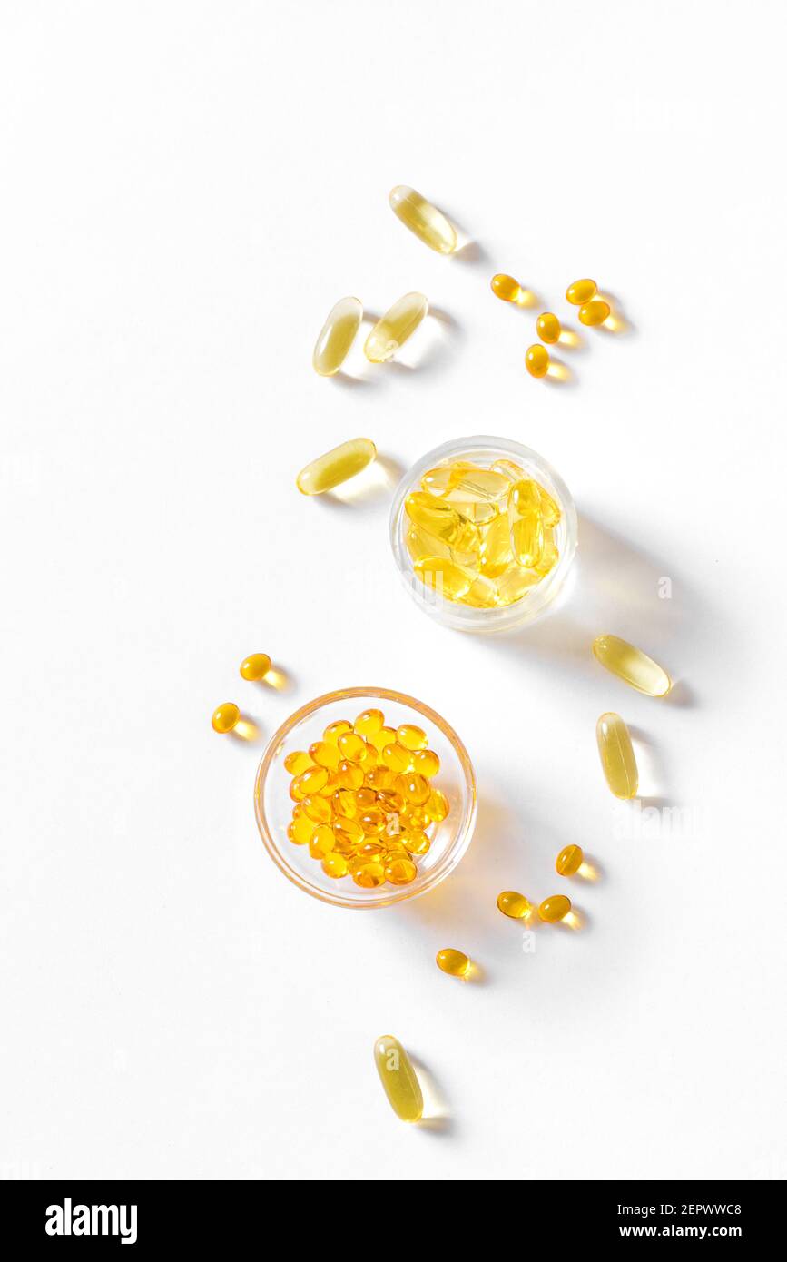 Oil filled capsules (softgel) of food supplements: fish oil, omega 3 ...