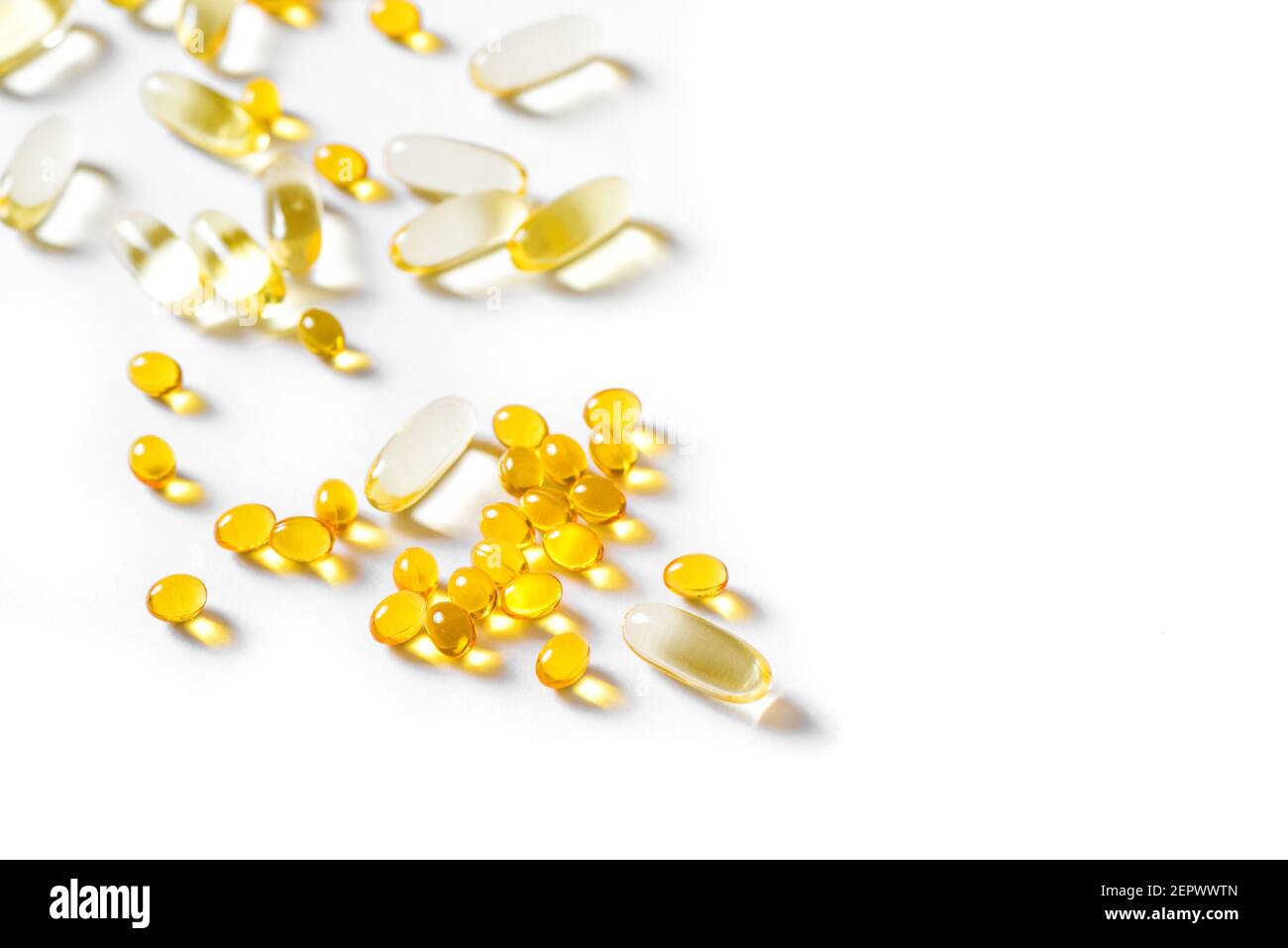 Oil filled capsules (softgel) of food supplements: fish oil, omega 3 ...
