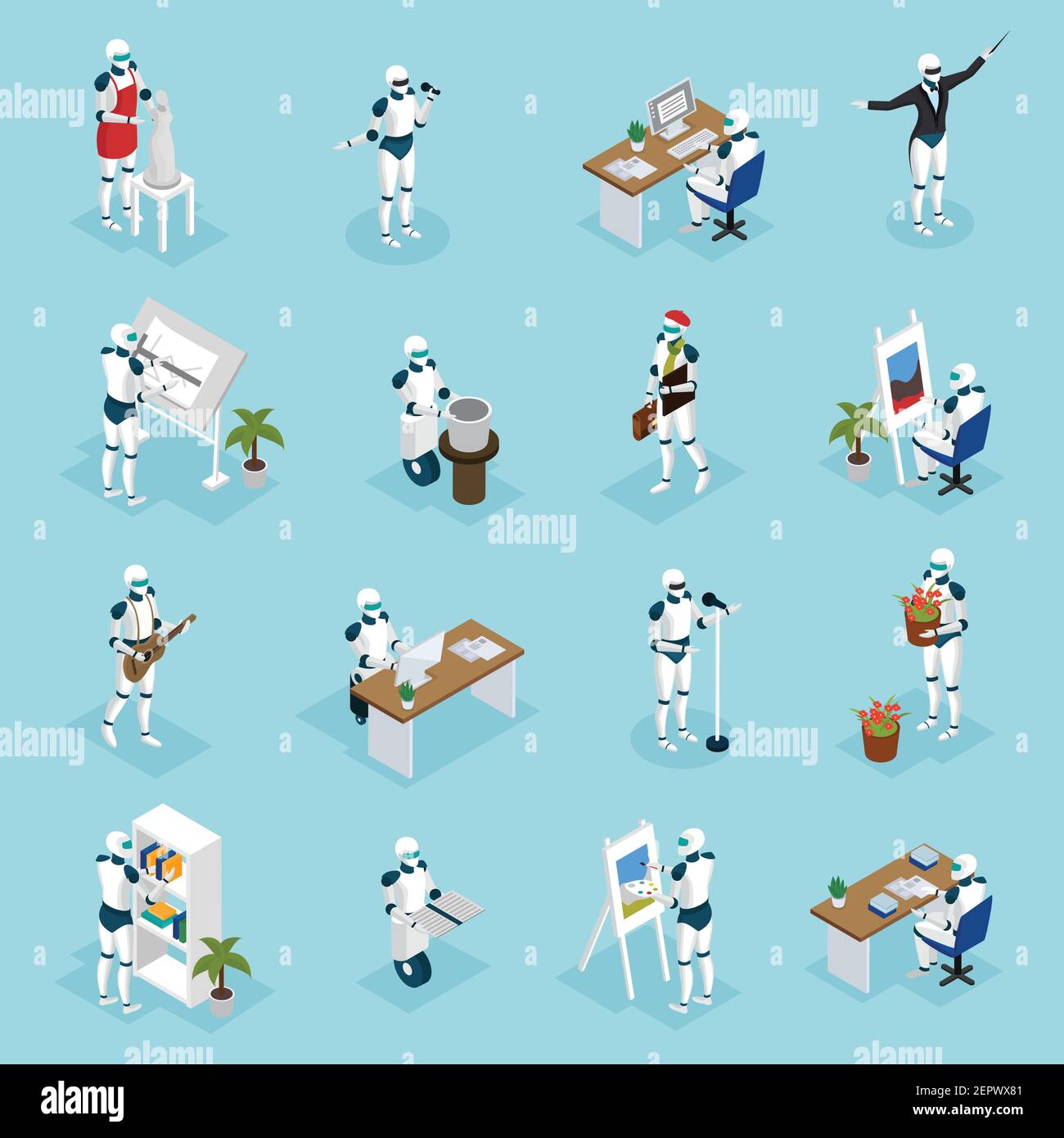 Artificial intelligence isometric icons collection with creative robots ...