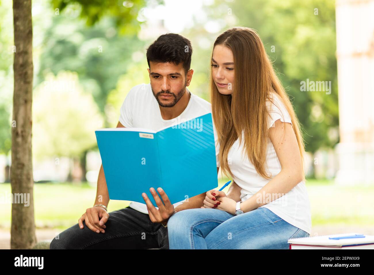 Two students studying together sitting on a bench outdoor Stock Photo ...