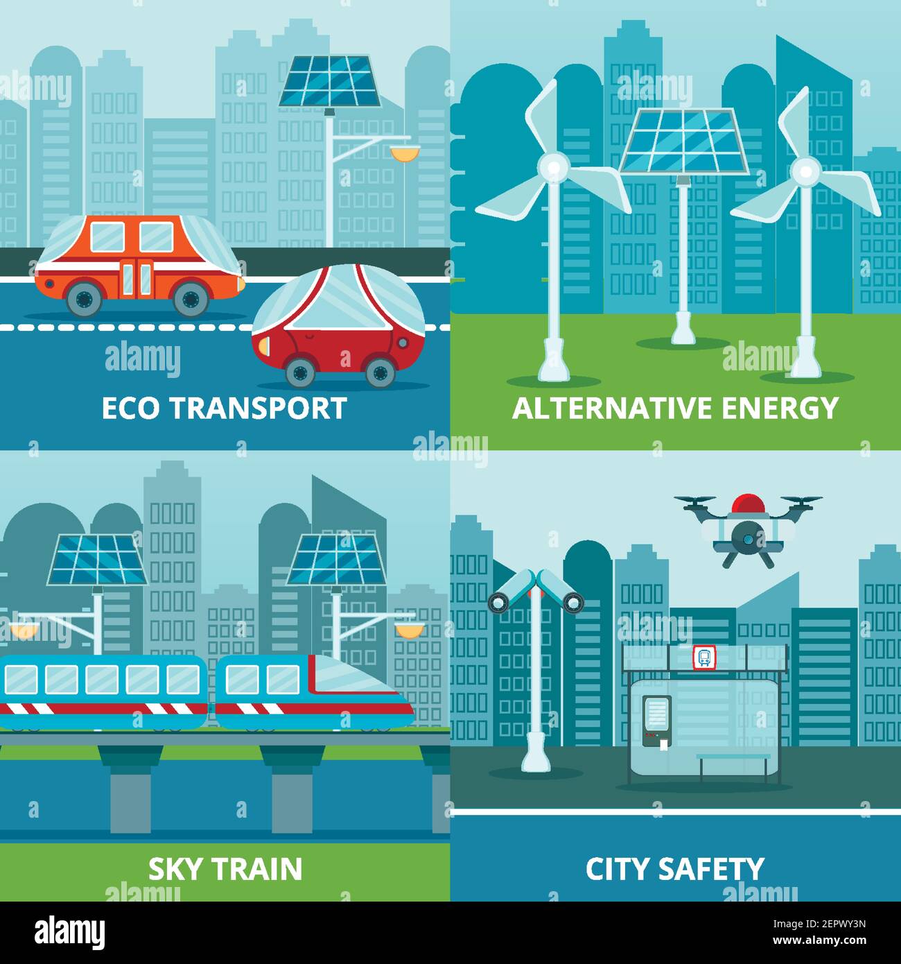 Smart city 2x2 design concept with flat images of alternative energy ...