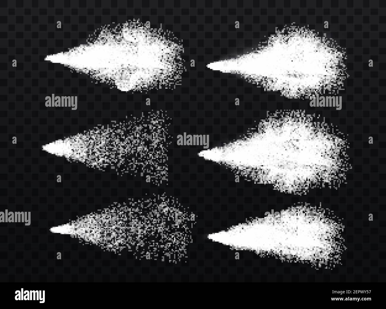 Spray realistic set of isolated detailed granular images of white mist ...