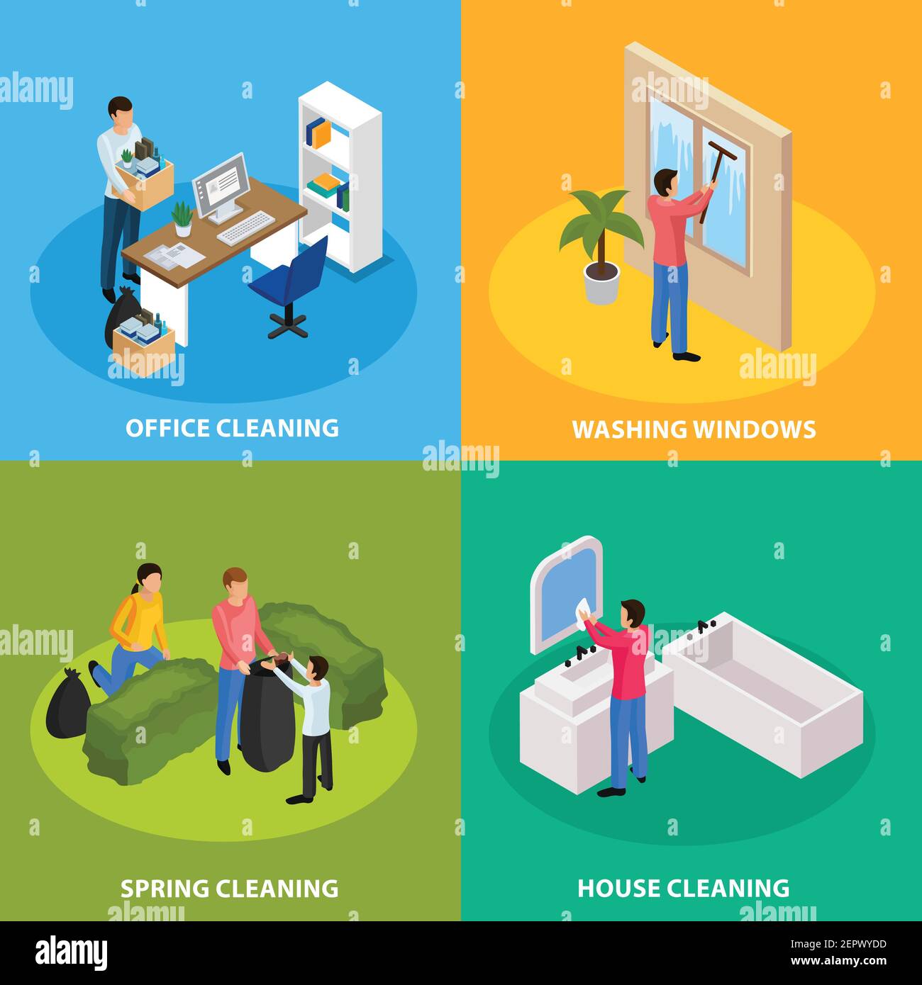 Spring thoroughly cleaning concept 4 isometric icons with office ...
