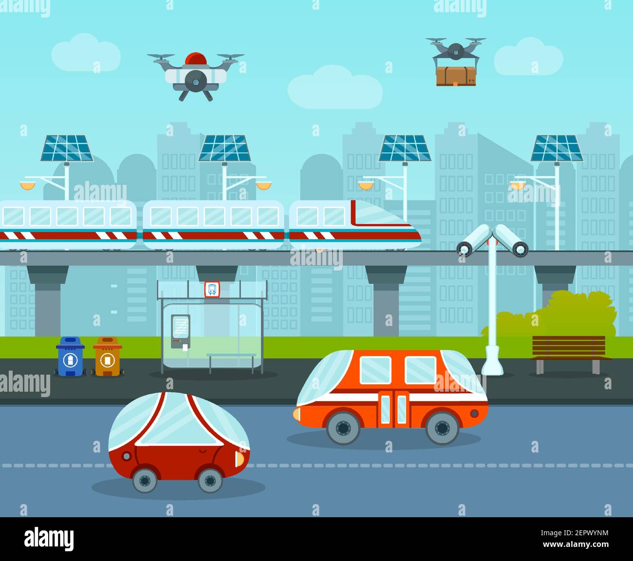 Smart city composition with cartoon style images of futuristic cars ...