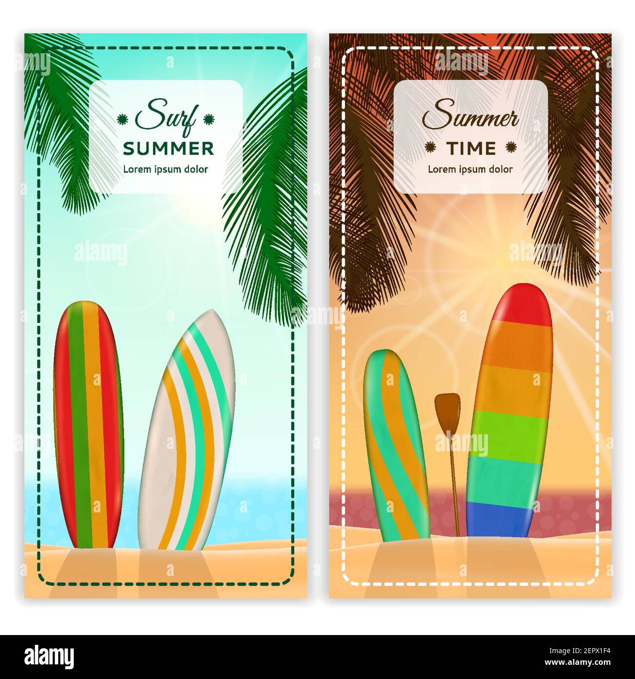 Set of two vertical surfboards realistic banners with colourful ...