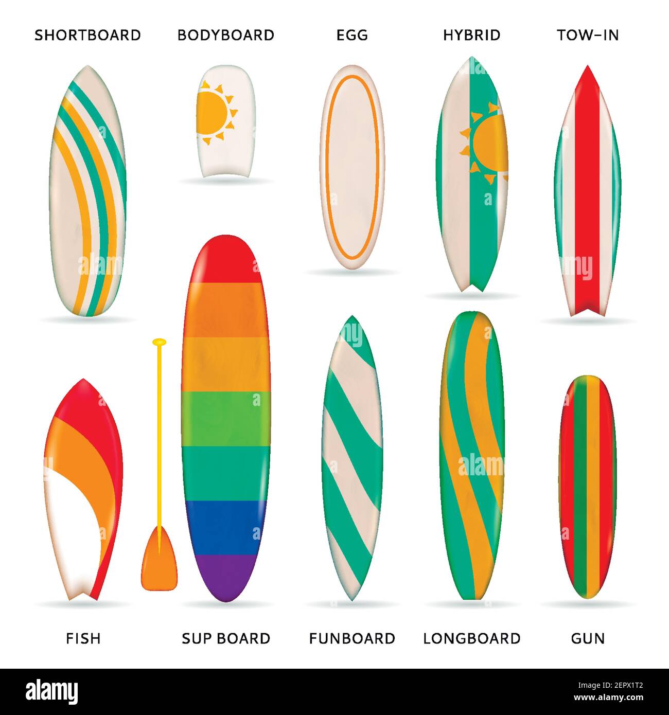 Surfboards colored realistic collection of different models designs and ...