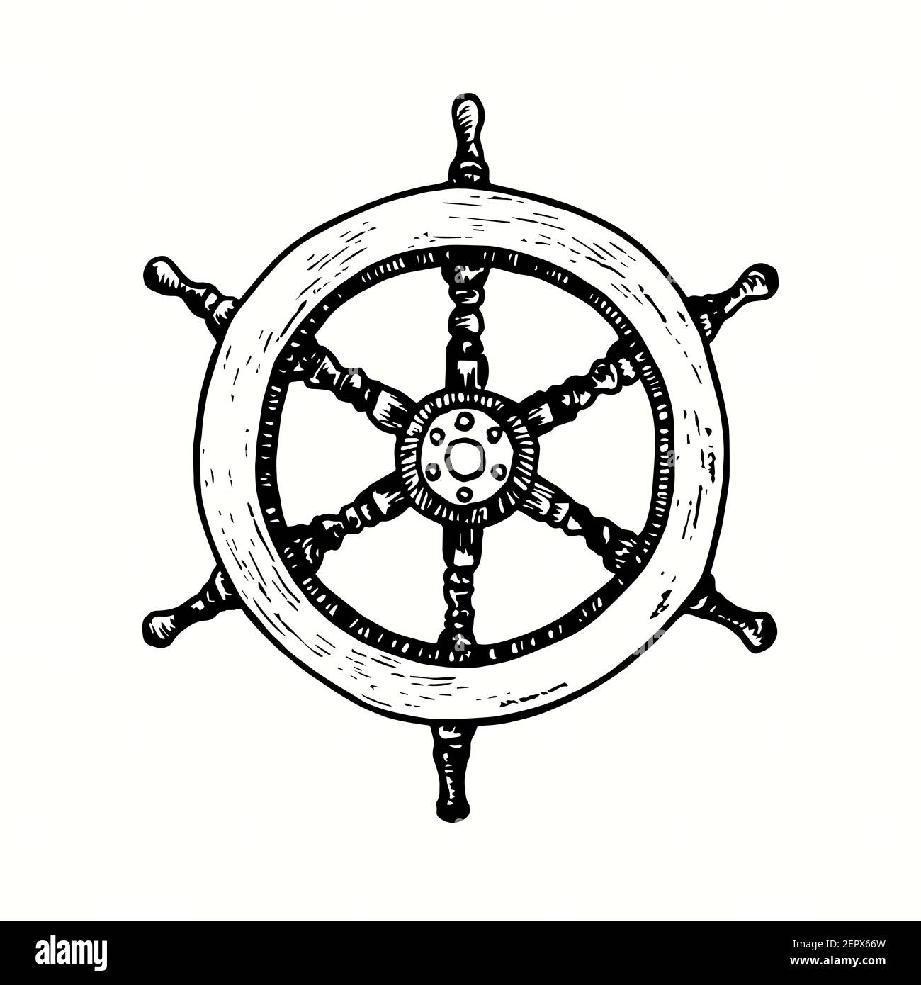 Ship`s wheel or boat`s wheel. Ink black and white doodle drawing in ...