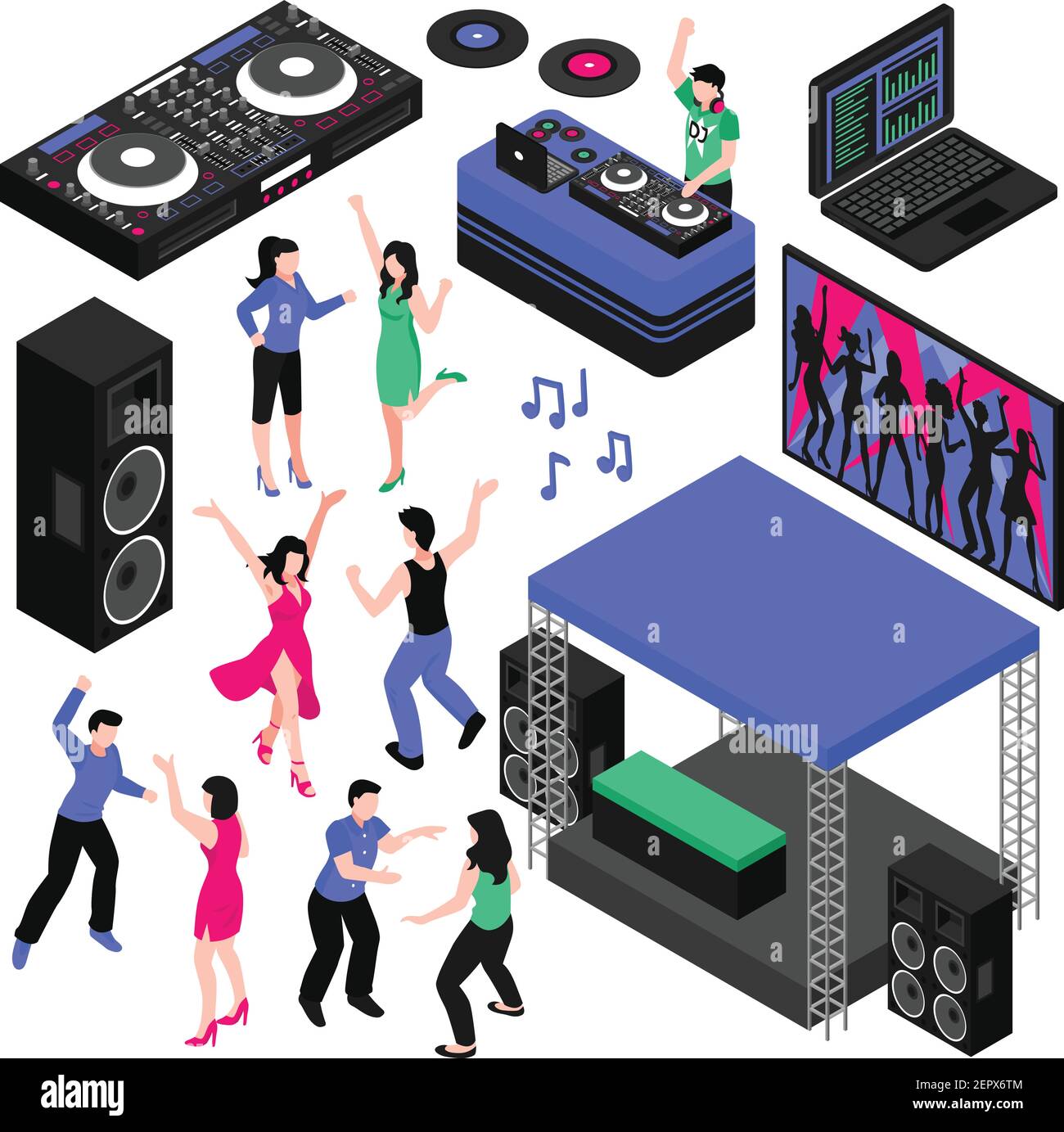 Dj and music isometric set with dancing symbols isolated vector ...
