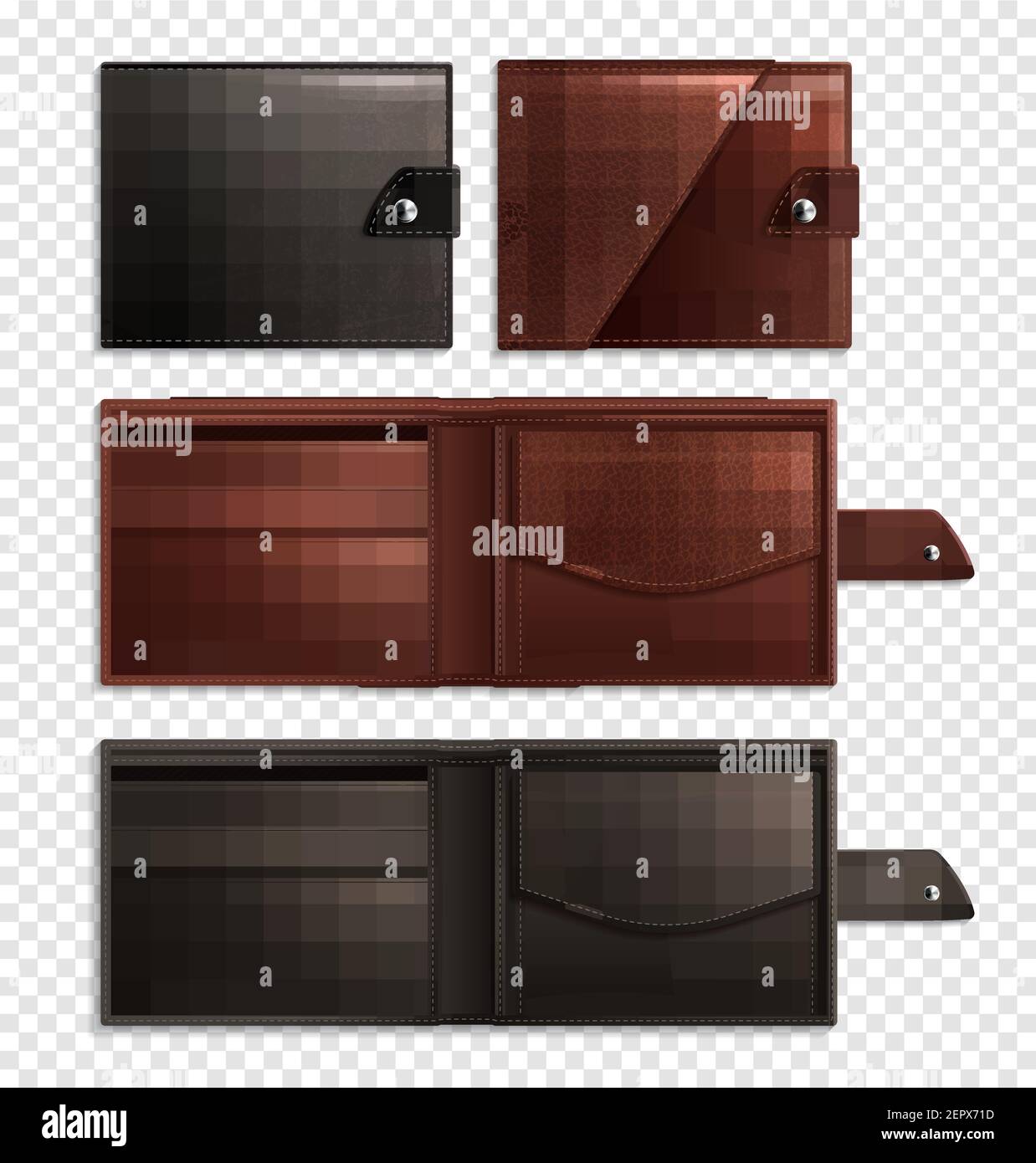 Three stylish realistic wallet transparent icon set opened and closed ...