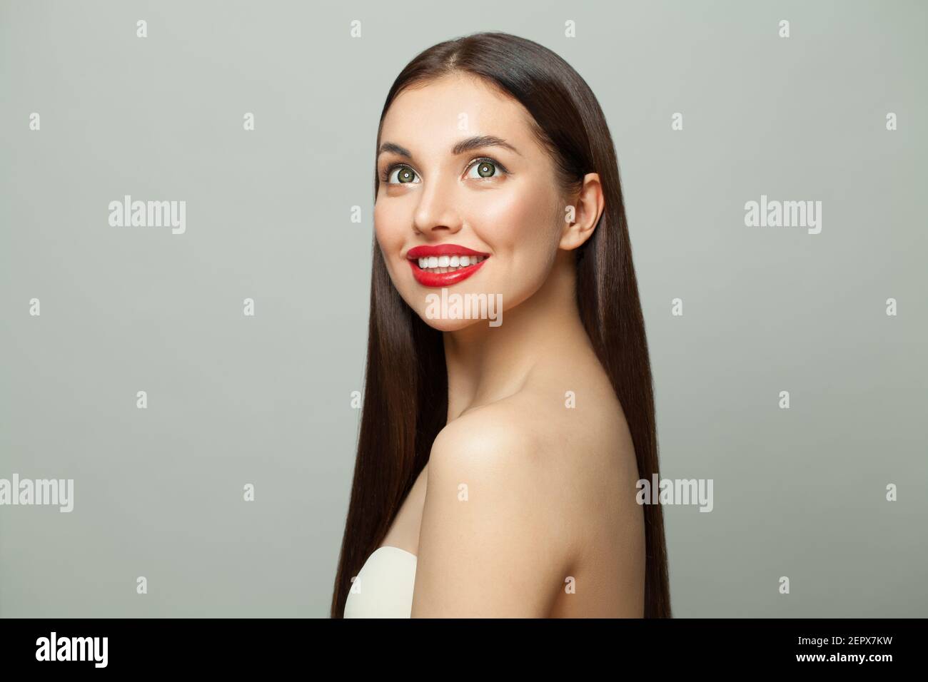 Healthy young model woman with clear skin and long healthy straight ...
