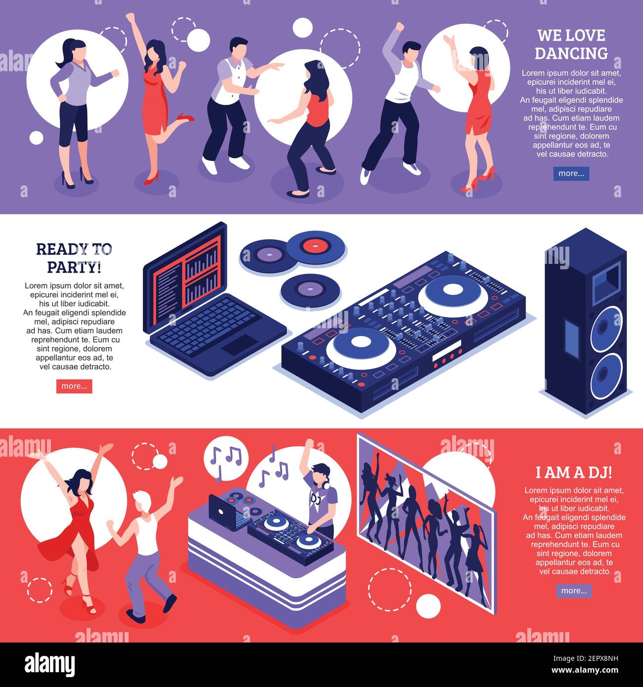 DJ music 3 horizontal web page banners with disco dancing party ...
