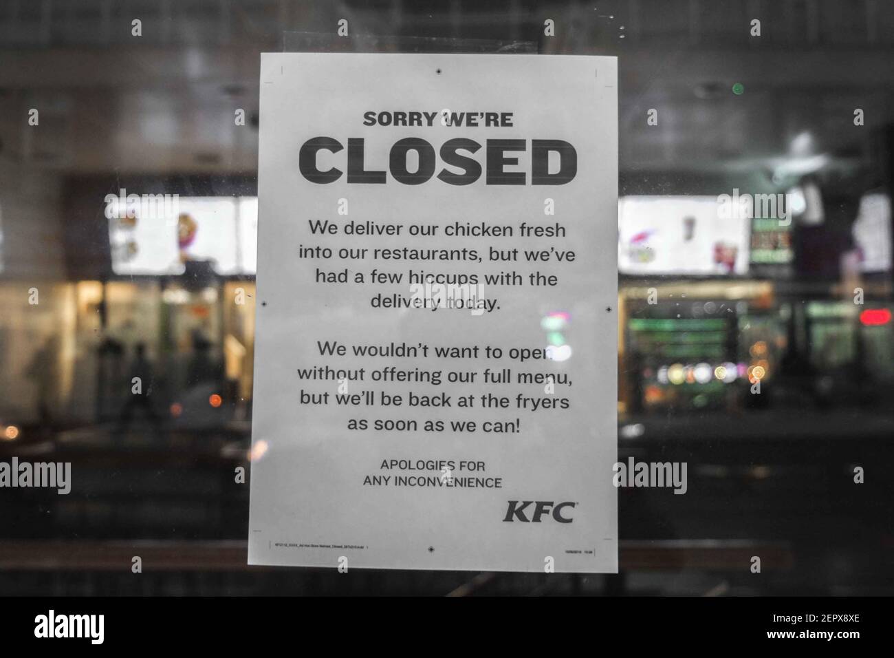 A closed sign in a KFC restuarant window in Woolwich London, UK on ...