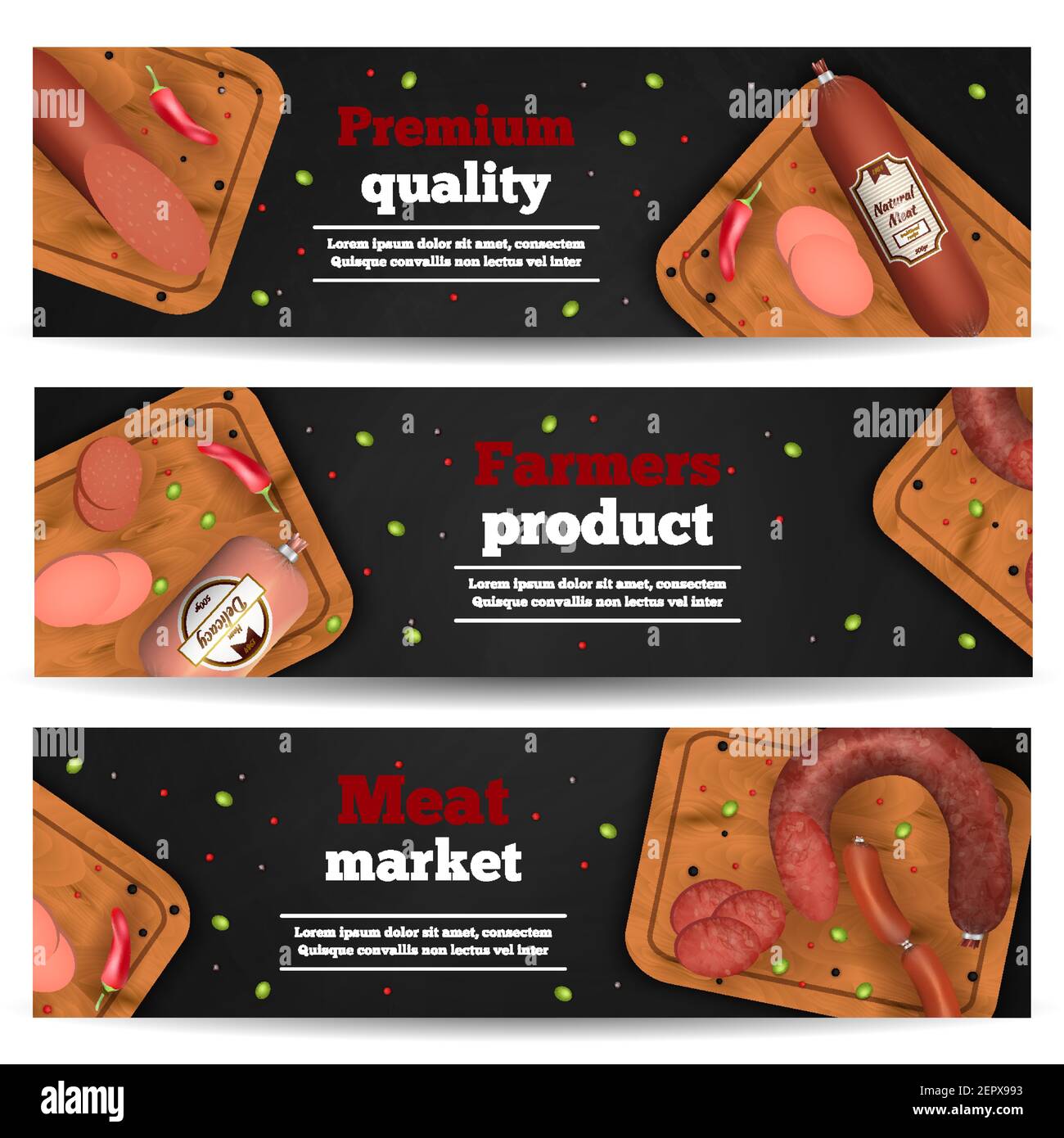 Meat market horizontal banners with realistic icons advertising premium ...