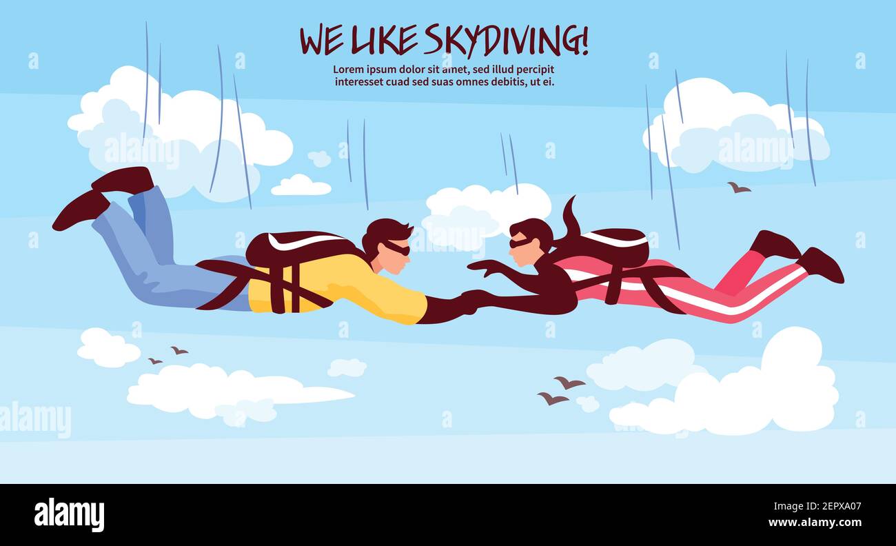 Skydiving adventures horizontal banner with couple in free fall holding ...