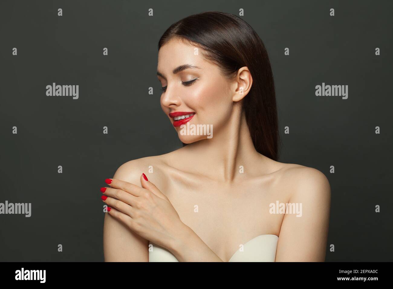 Healthy model woman with clear skin and long healthy straight hair ...