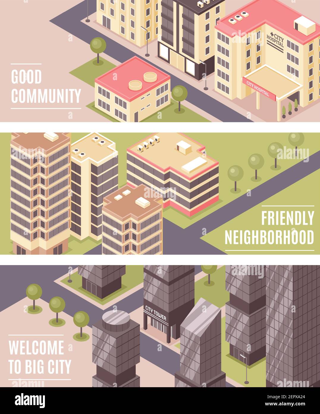 City buildings 3 isometric horizontal banners with residential area ...