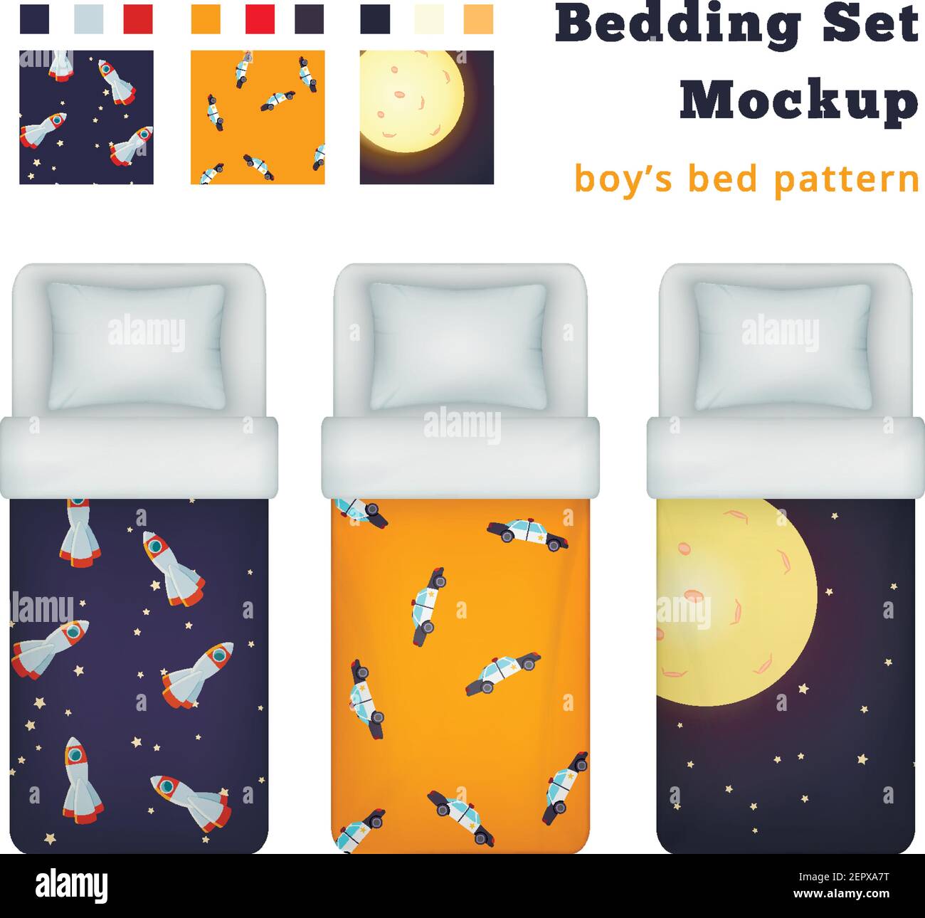 Childish boy bedding set of realistic single bed mockup images and ...