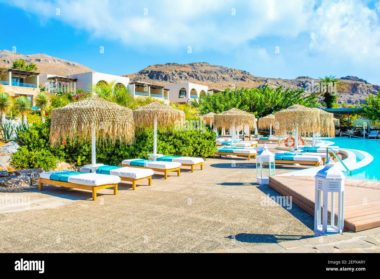 Rhodes, Greece - 18 July 2019: Outdoor pool area in a luxury hotel on ...