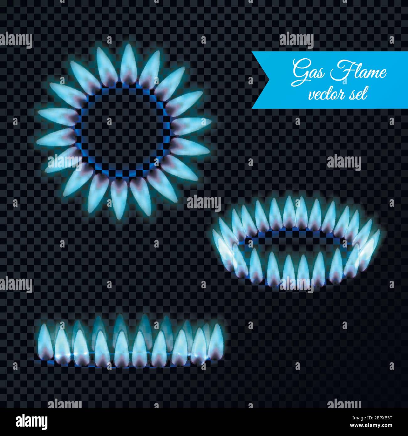 Realistic set of gas burners with blue flame from different angles on ...