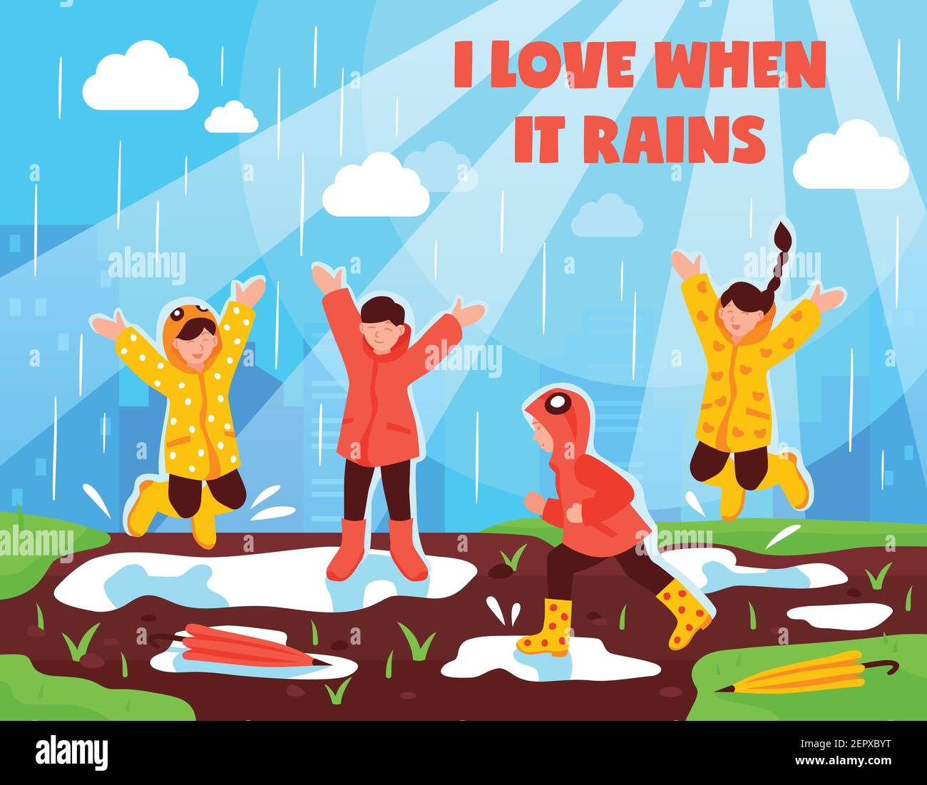 Kids love rainy weather poster with children in waterproof clothing ...