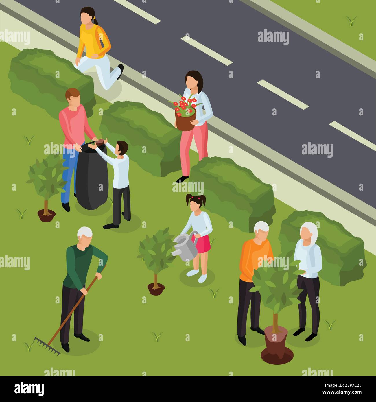 Spring territory cleaning outdoor work isometric composition with grass ...