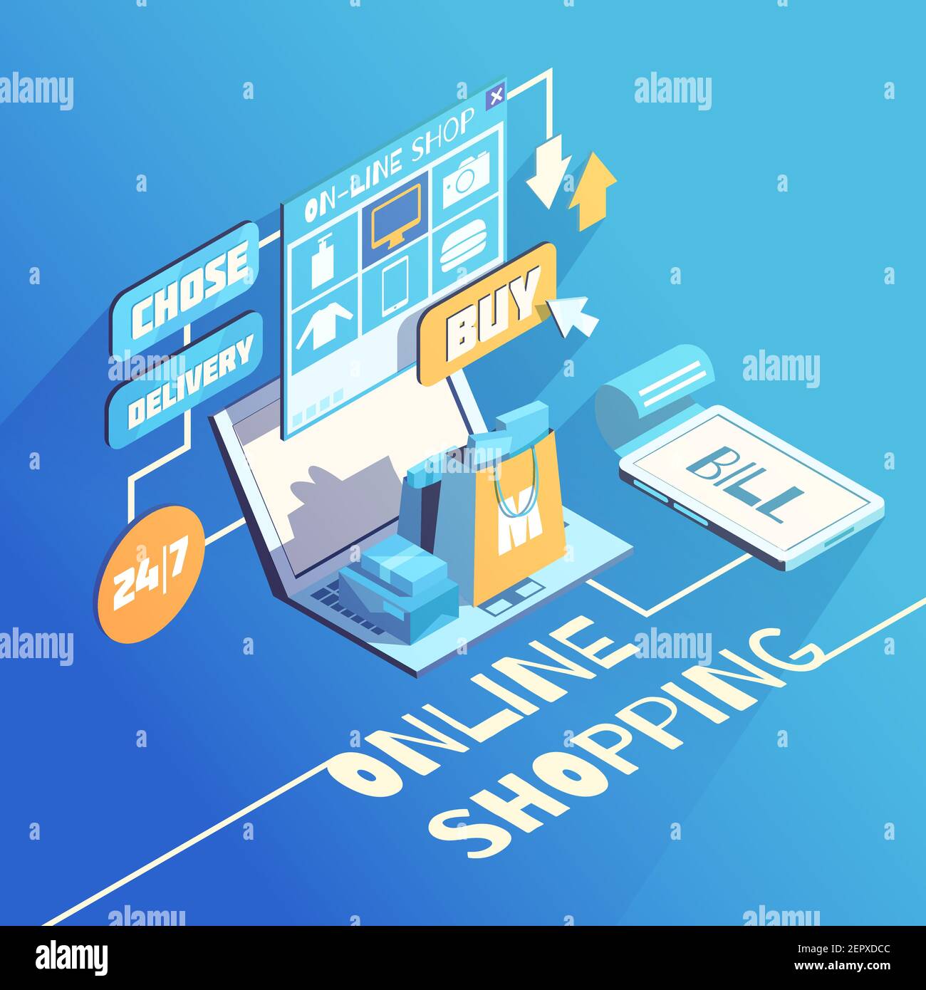 Online shopping isomeric 3d flowchart composition with products ...