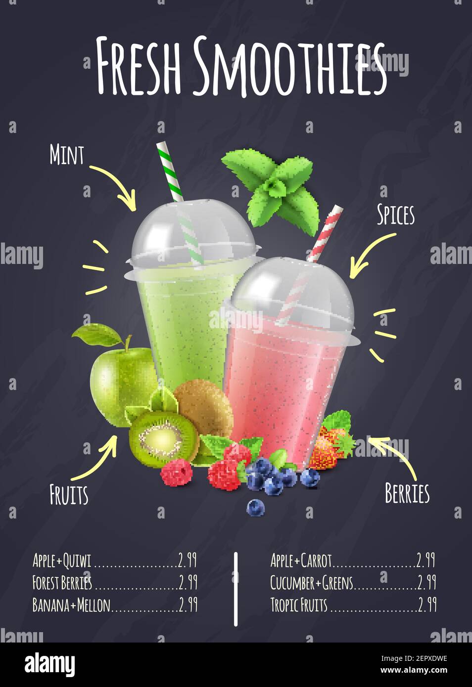 Restaurant or bar menu page with fresh smoothies realistic composition ...