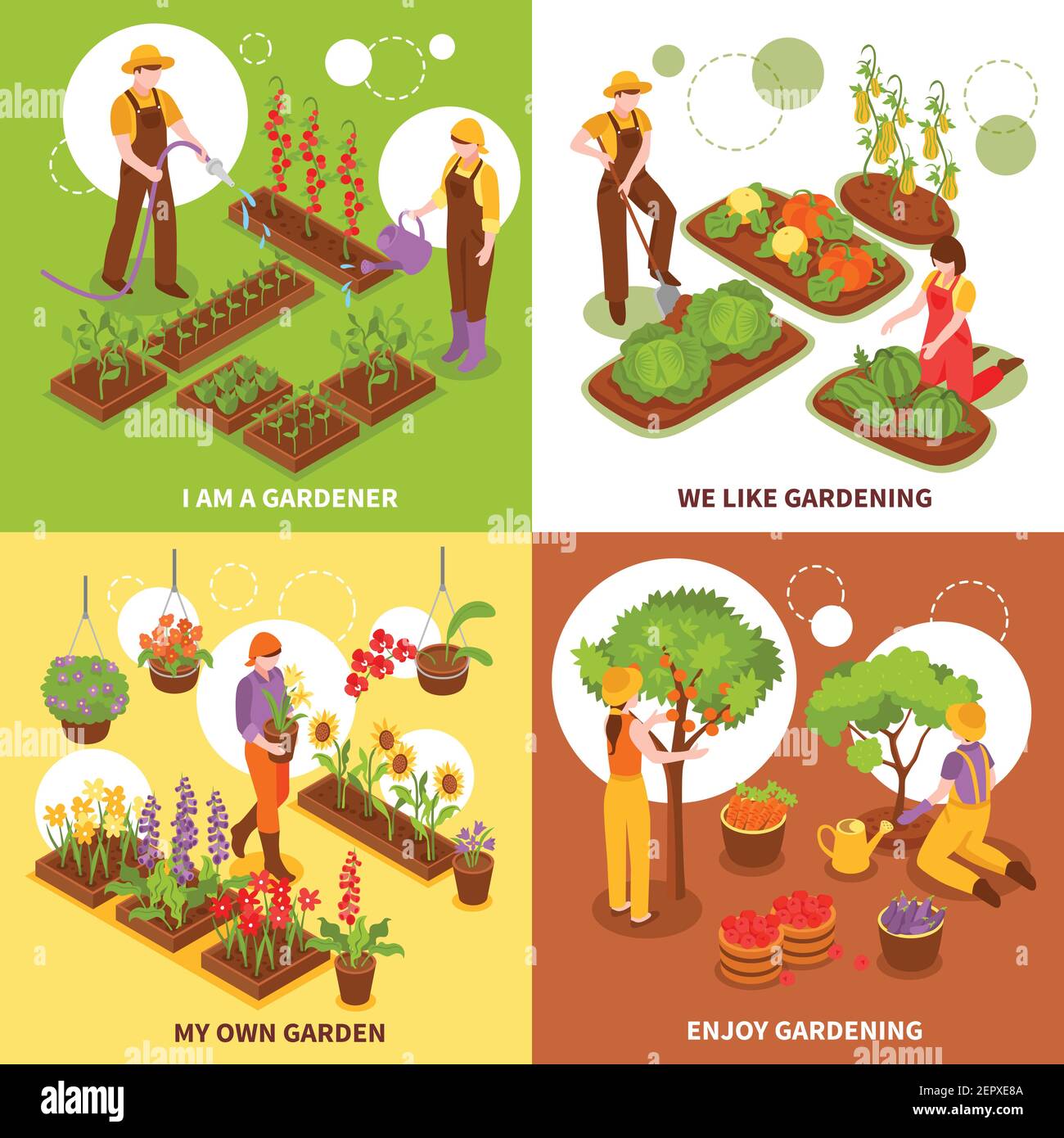 Gardening isometric concept icons set with vegetables and fruit symbols ...