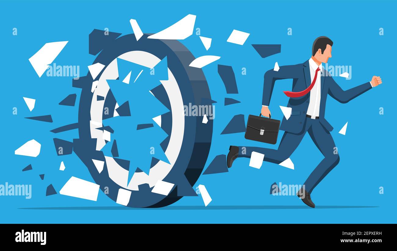 Businessman running and breaking target. Business man in suit with ...
