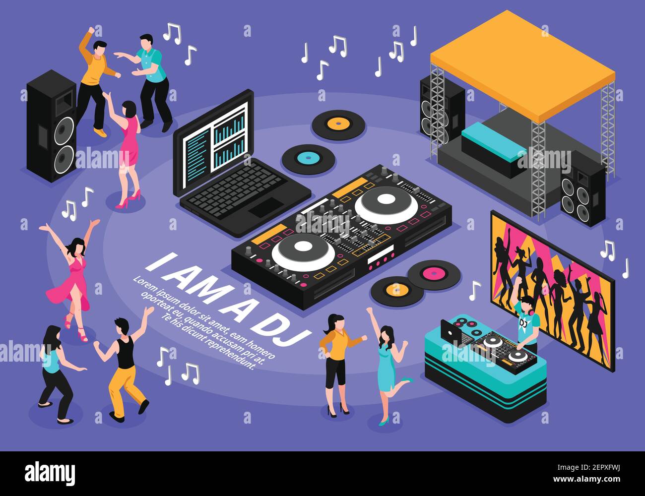 Dj and music composition with people dancing and singing symbols ...