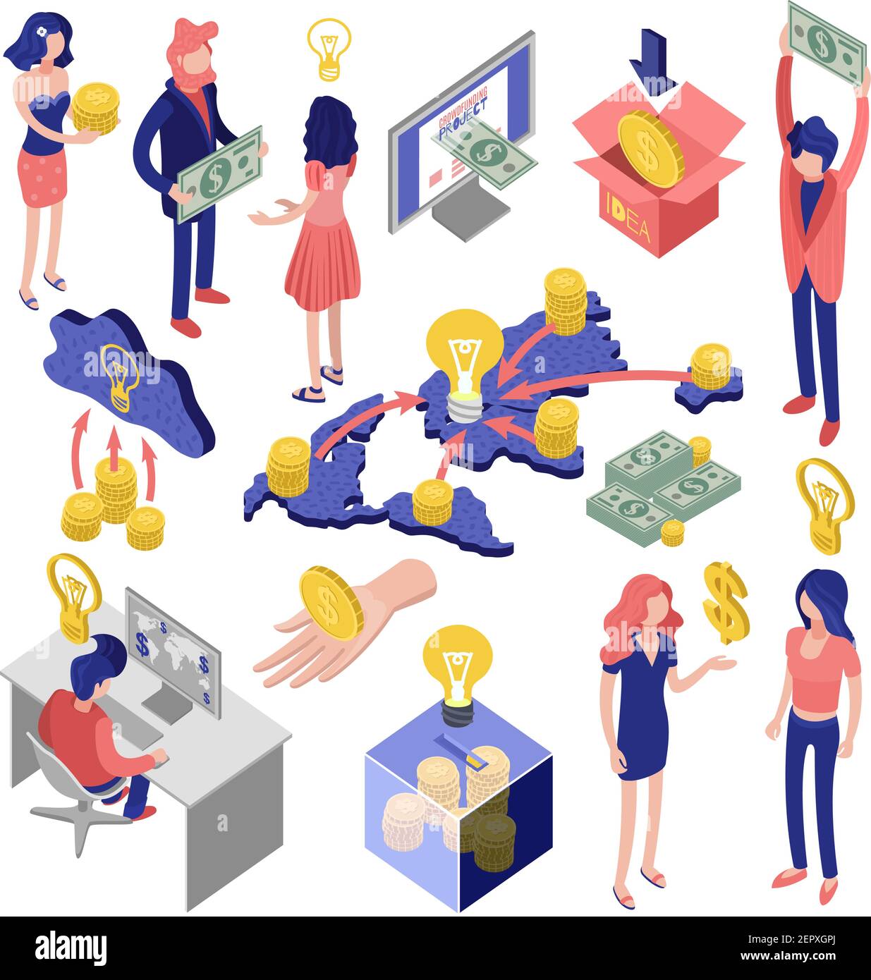 Crowd funding isometric icons set with creative idea, contribution ...