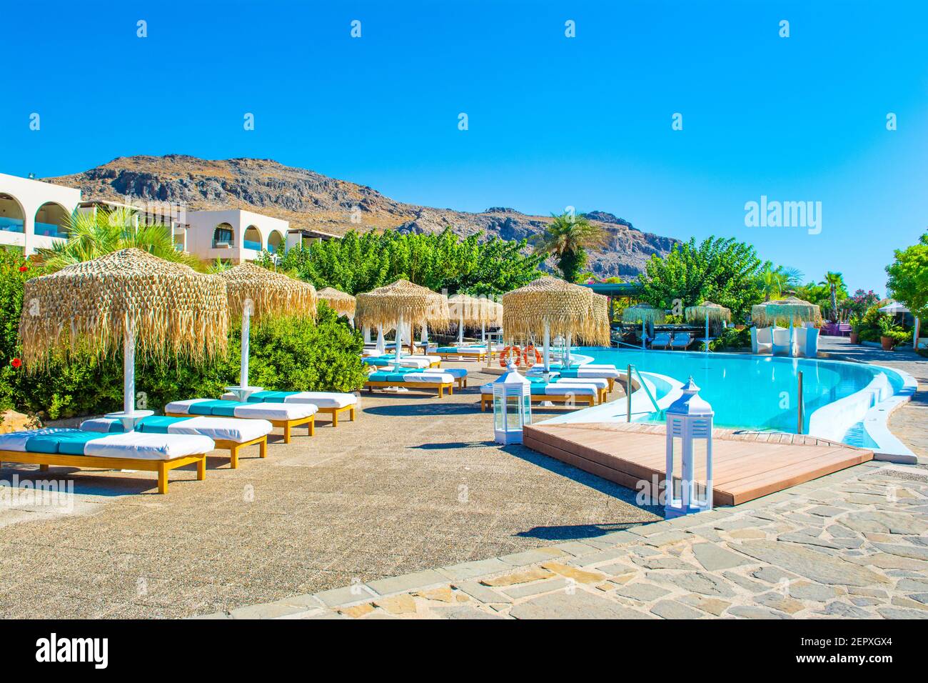 Rhodes, Greece - 18 July 2019: Outdoor pool area in a luxury hotel on ...