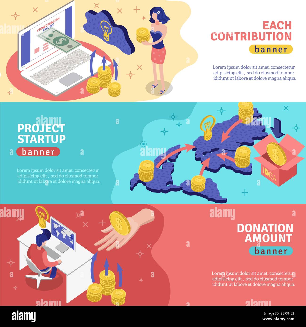 Isometric crowdfunding banners collection with conceptual image ...