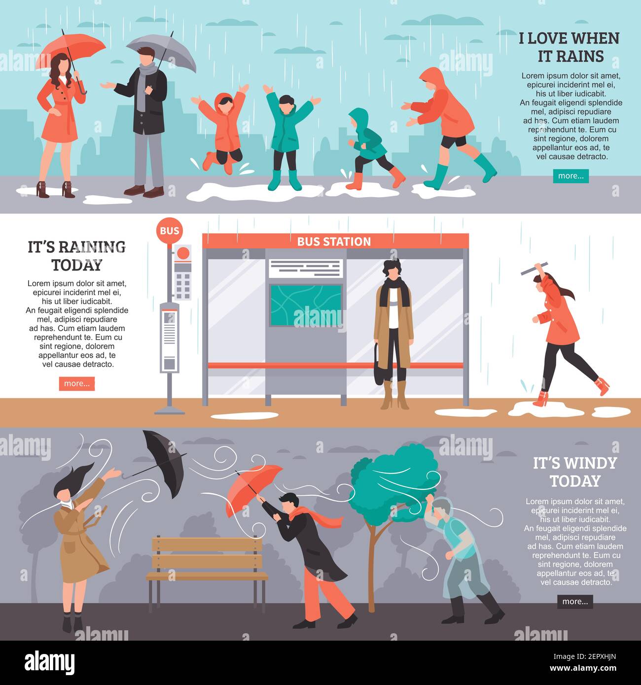 Bad weather horizontal bammers set with rain and wind symbols flat ...