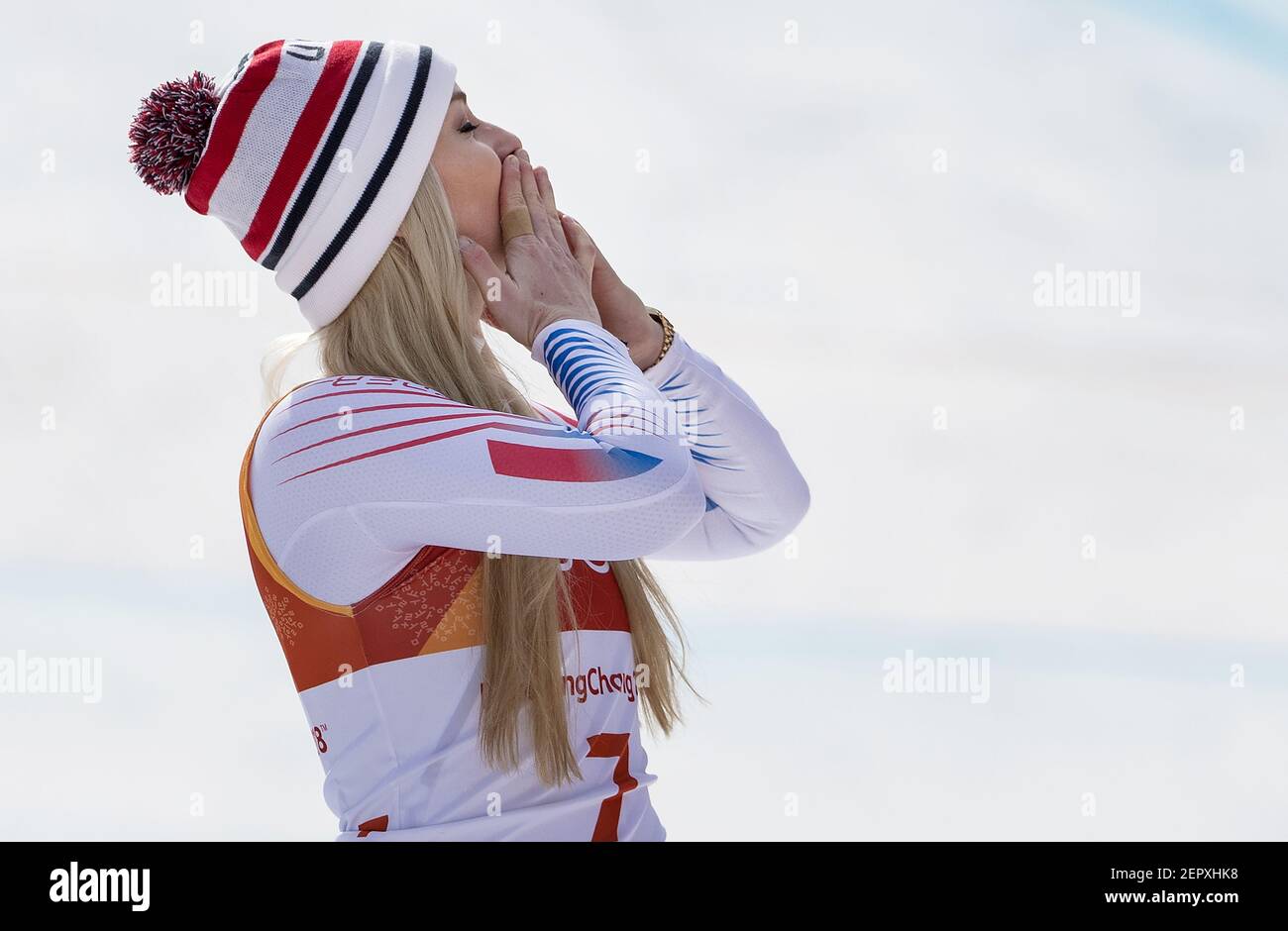 Lindsey Vonn blows kisses to fans during the Venue Ceremony after ...
