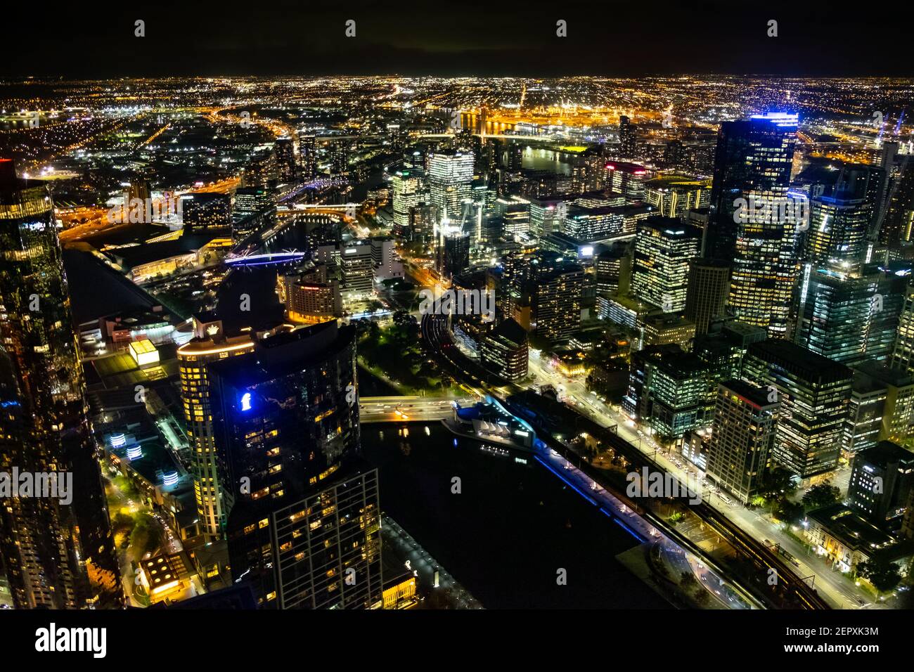 The view of Melbourne at night from the Eureka Skydeck viewing area in ...