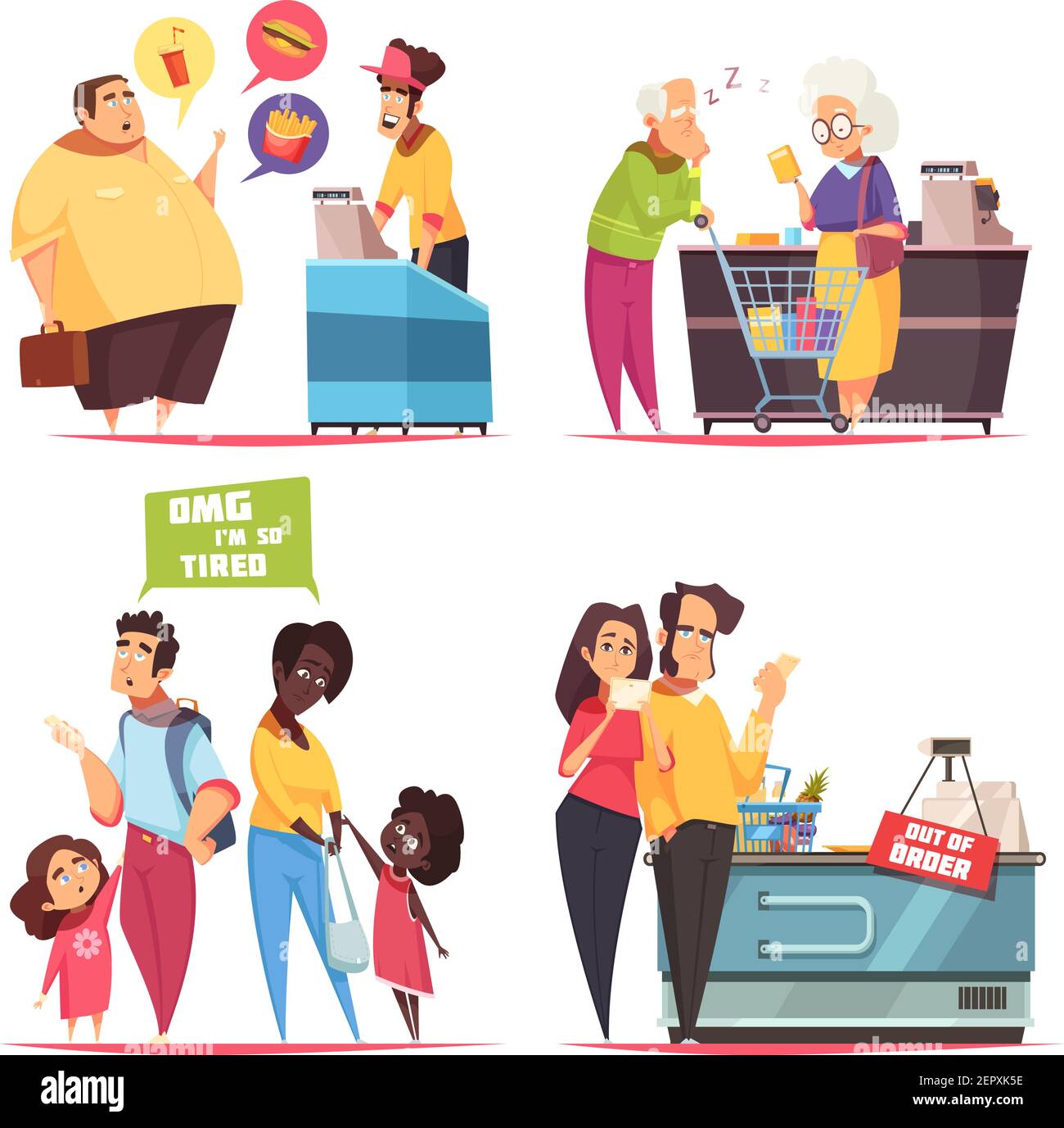 Queues characters concept 4 icons set with old young couples in ...