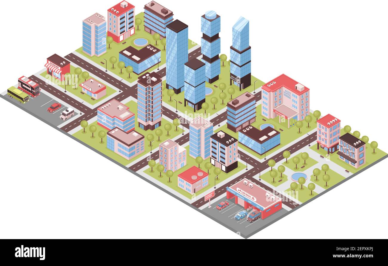 City district isometric composition with business center office towers ...