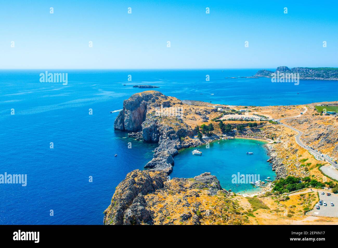 Sunset landscape of beautiful St. Paul's Bay in Rhodes island with ...
