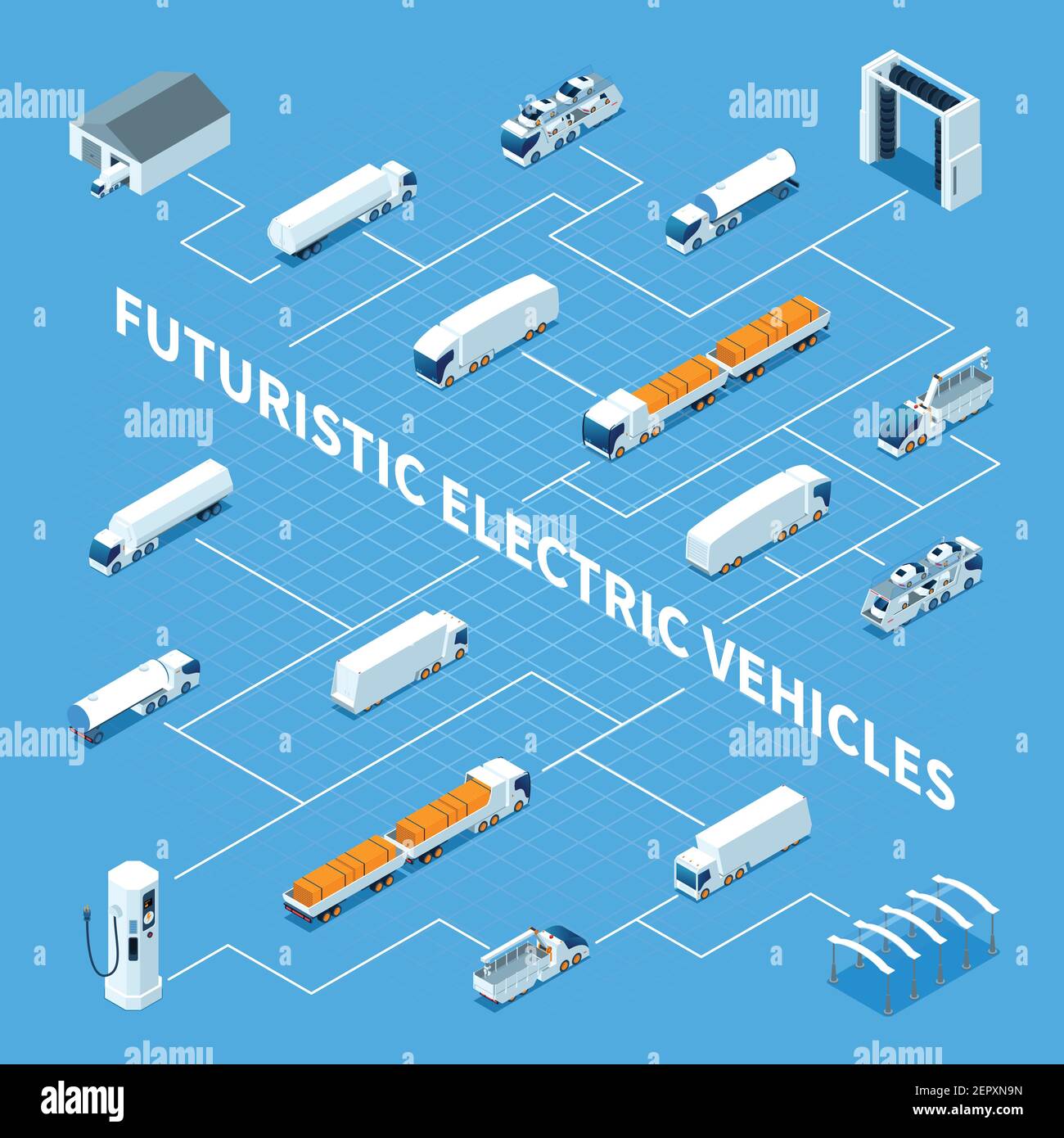 Futuristic electric vehicles isometric flowchart on blue background ...