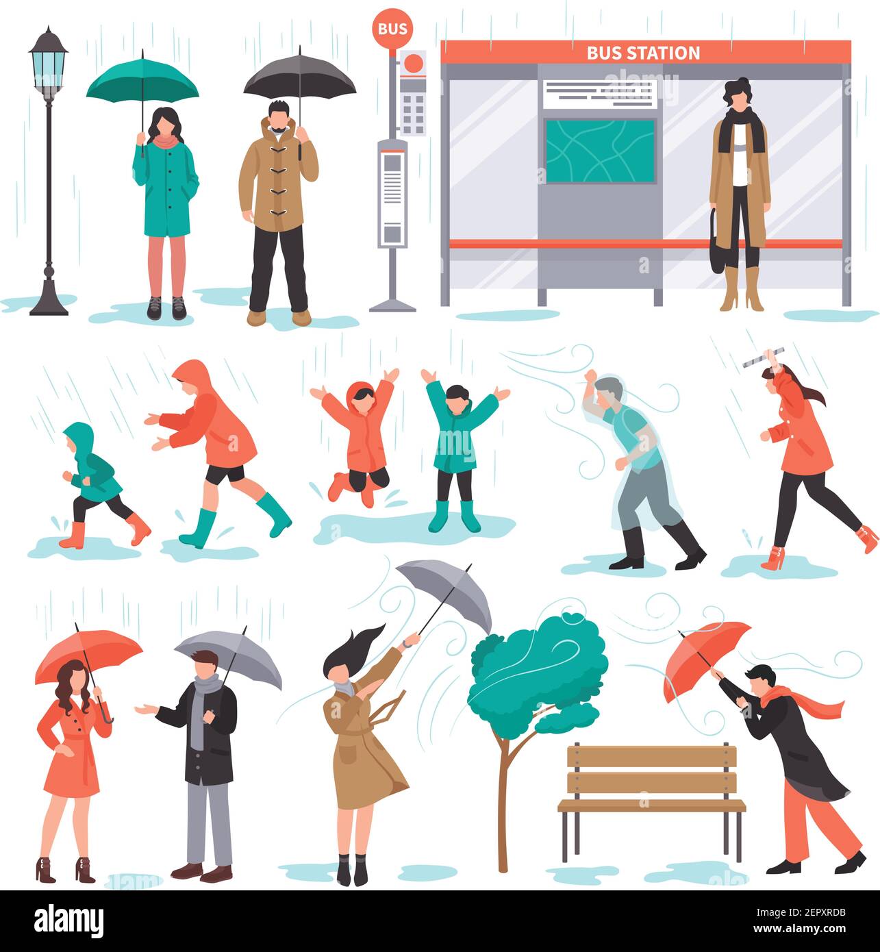 Bad weather set with rain and wind symbols flat isolated vector ...