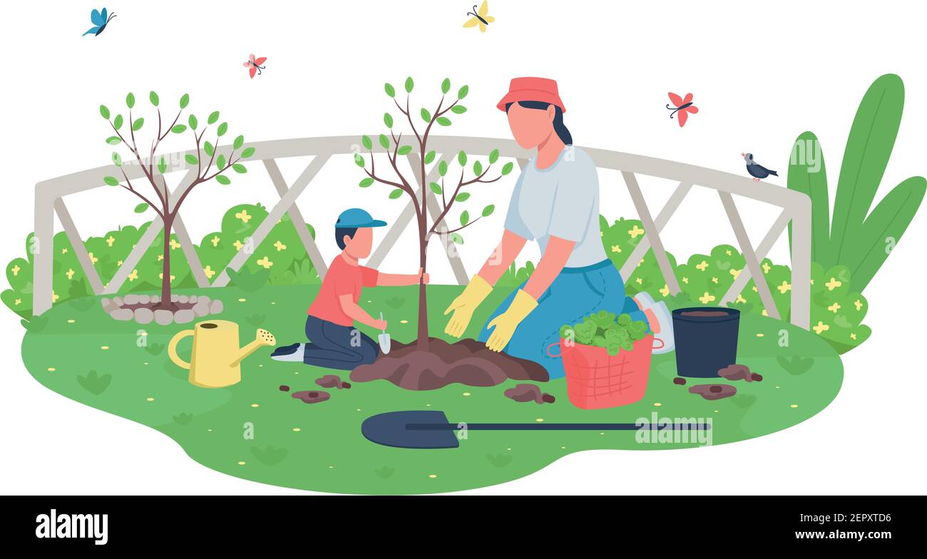 Mother with child planting tree flat color vector faceless characters ...