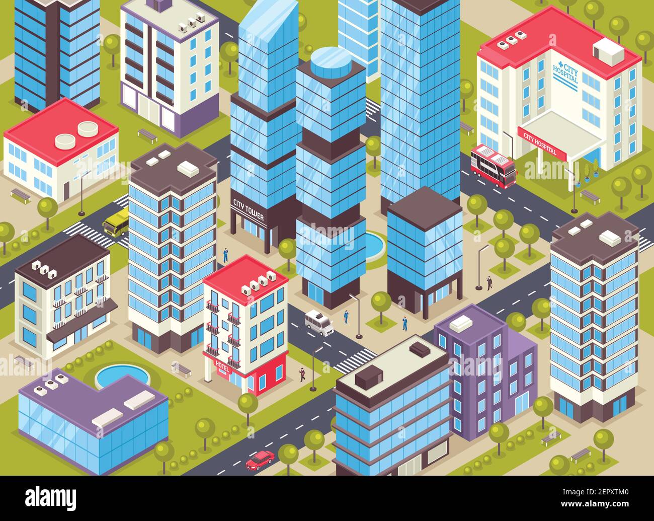 Modern city center district isometric close up detail with ...