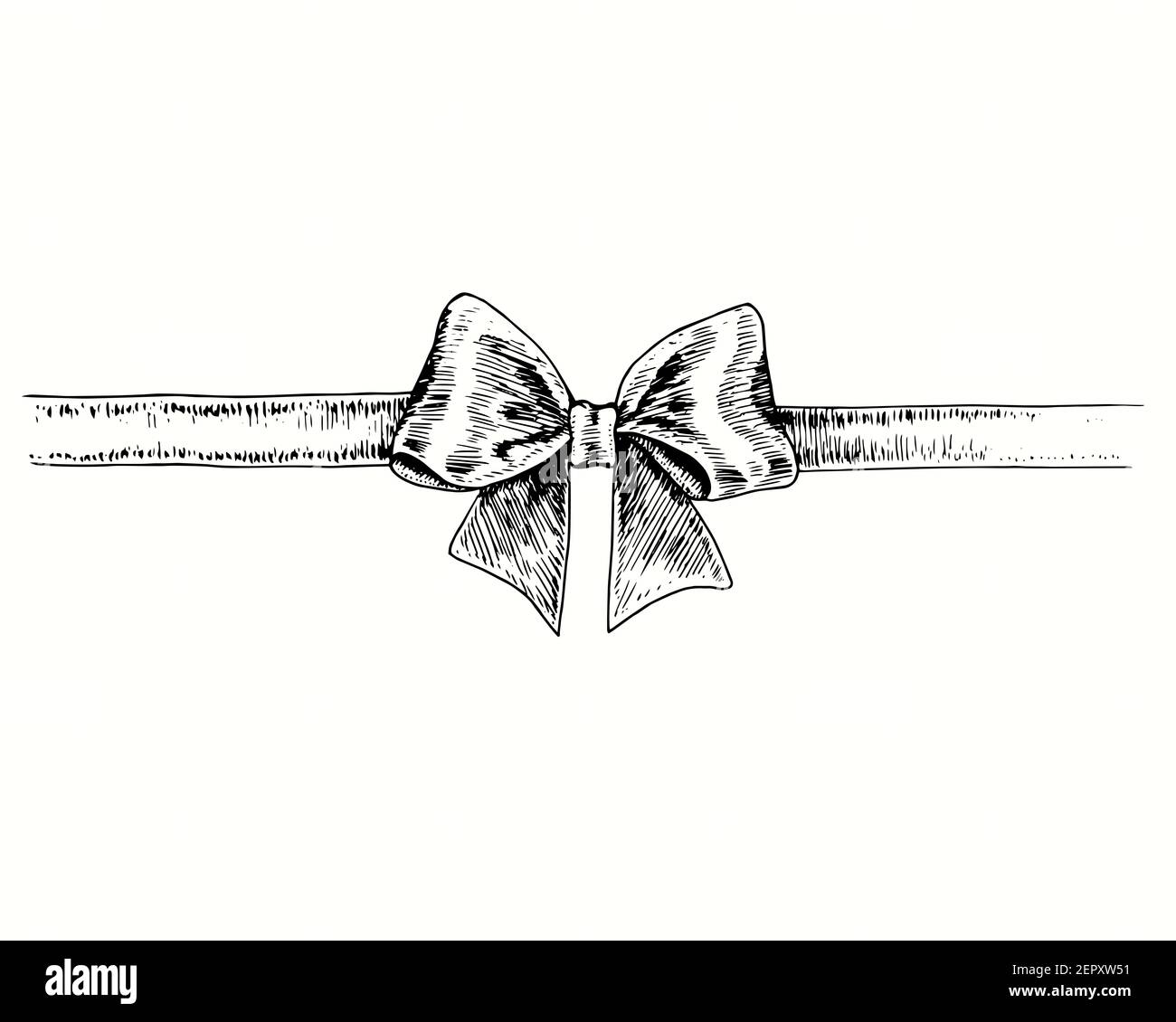 Hand drawn classic bow with ribbon, top view. Ink black and white ...