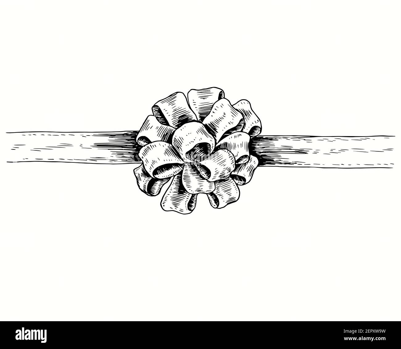 Hand drawn classic pull bow with ribbon, top view. Ink black and white ...