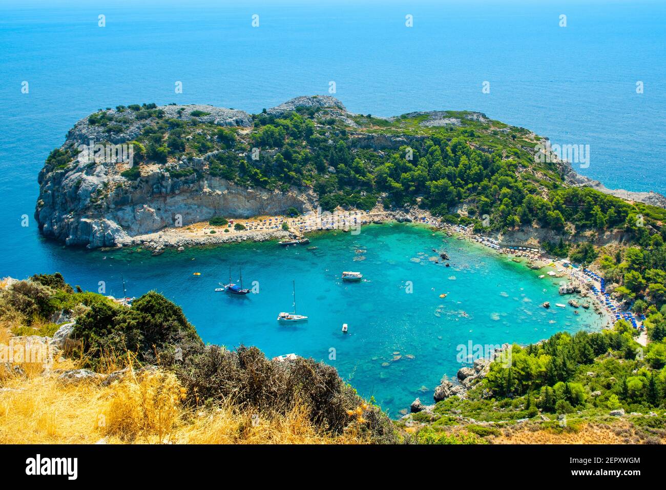 Rhodes, Greece - 14 August 2019: Aerial landscape of Anthony Quinn Bay ...