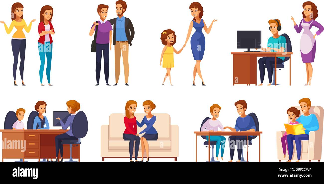 Children parents parenthood cartoon characters collection with kids and ...