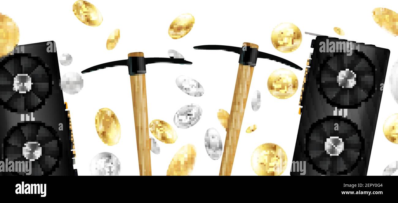 Crypto currency mining, computer hardware, flying golden and silver ...